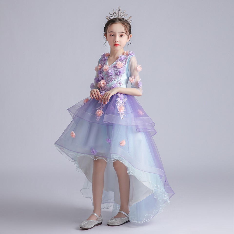 3D Flower Girl Princess Tulle Tutu Dress Party Long Maxi Ball Gown ...