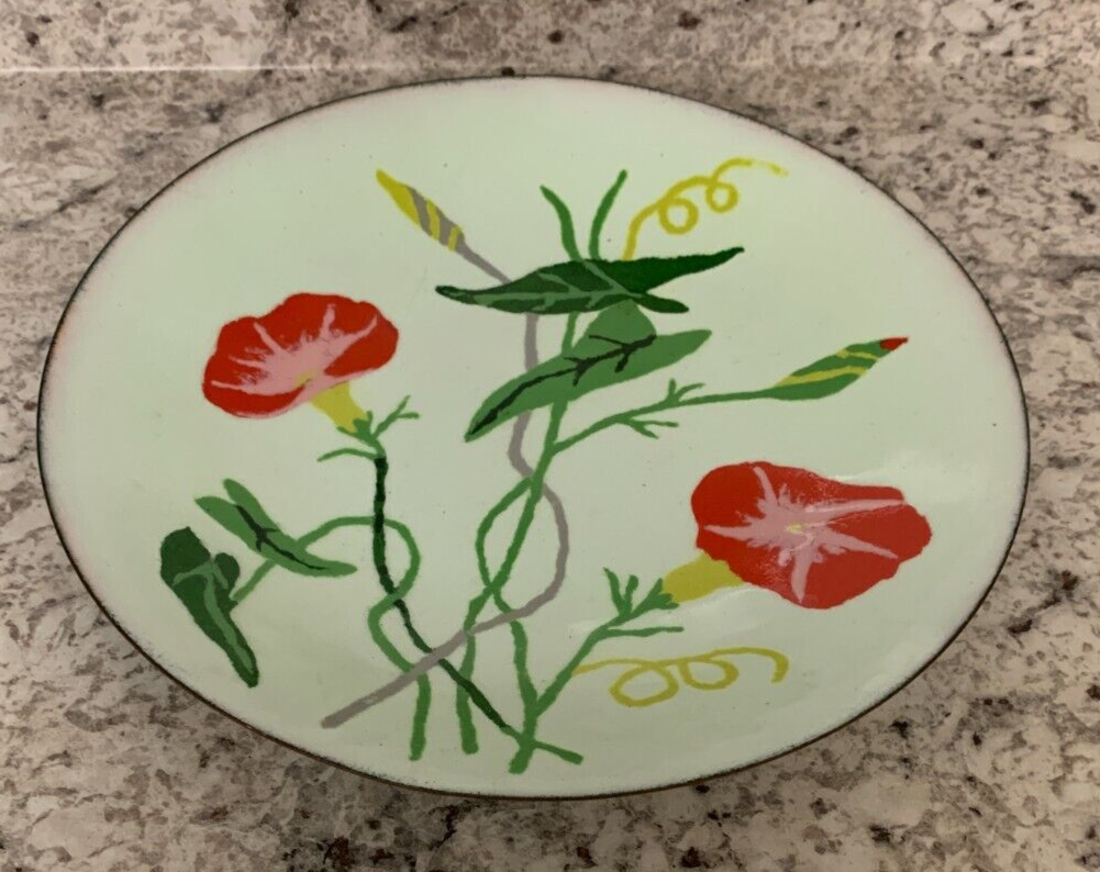 MID CENTURY MODERN Cloisonne Hand Painted Flowers 9 3/4 ENAMEL Copper ...