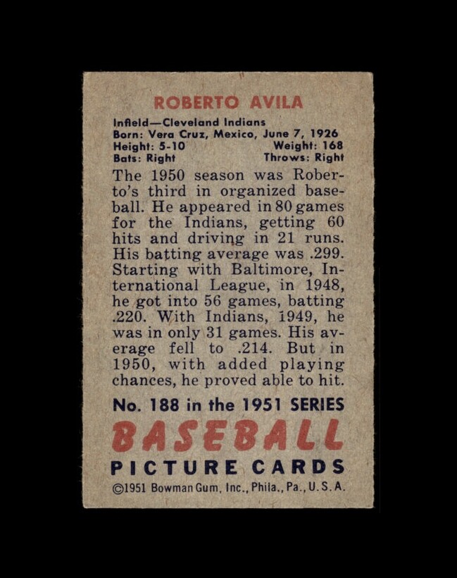 1951 Bowman Set-Break #188 Bobby Avila RC EX-EXMINT *GMCARDS* | eBay