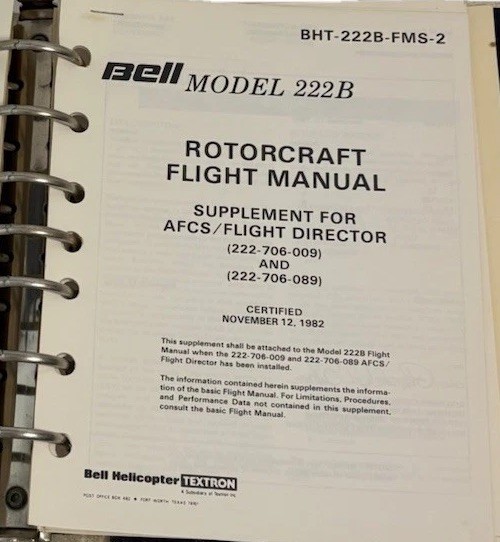 Bell Helicopter Model 222/222B Flight Manual 1982 H9SW BHT-222B-FM | eBay