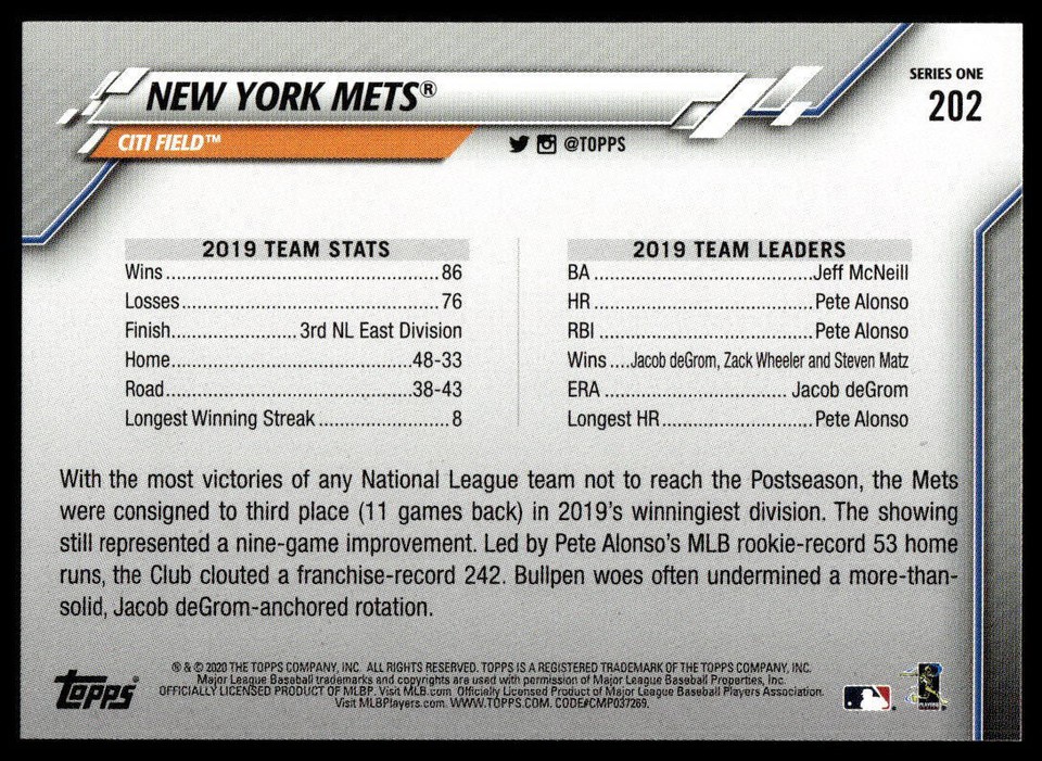 2020 Topps New York Mets Team Card #202 Factory Set Blue /299 | eBay