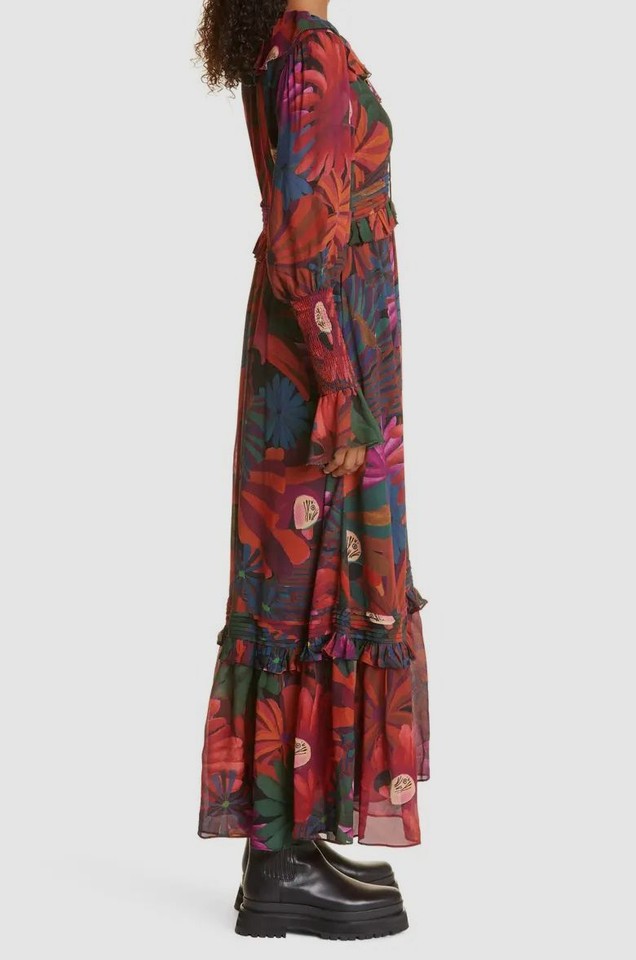 $295 Farm Rio Women's Red Ruffled Bird Flowers Long Sleeve Maxi Dress ...