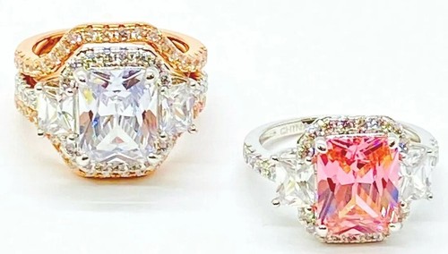 HSN Joan Boyce Emerald Cut Pink White Cubic Zircon 3 Ring & Guard Set ...