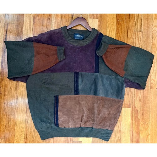 VTG SAXONY Collection Mens Patchwork Leather Suede Knit Sweater ...