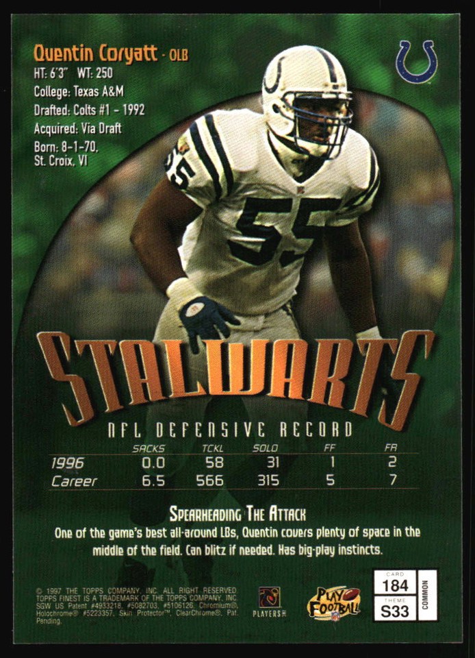 1997 Finest Quentin Coryatt #184 Indianapolis Colts | eBay