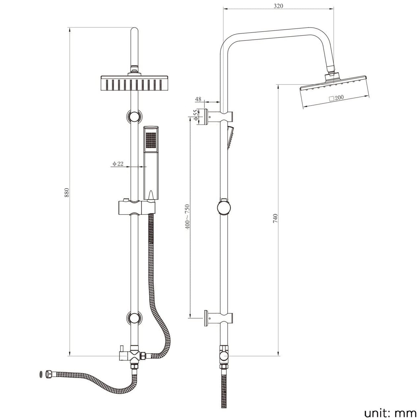 3 Way Square Shower Rigid Riser Kit with Bath Shower Mixer Tap & Basin ...