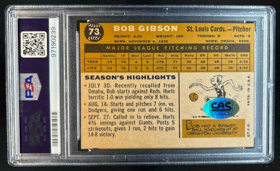 1960 Topps Bob Gibson #73 Cardinals PSA 7 Auto 10 | eBay