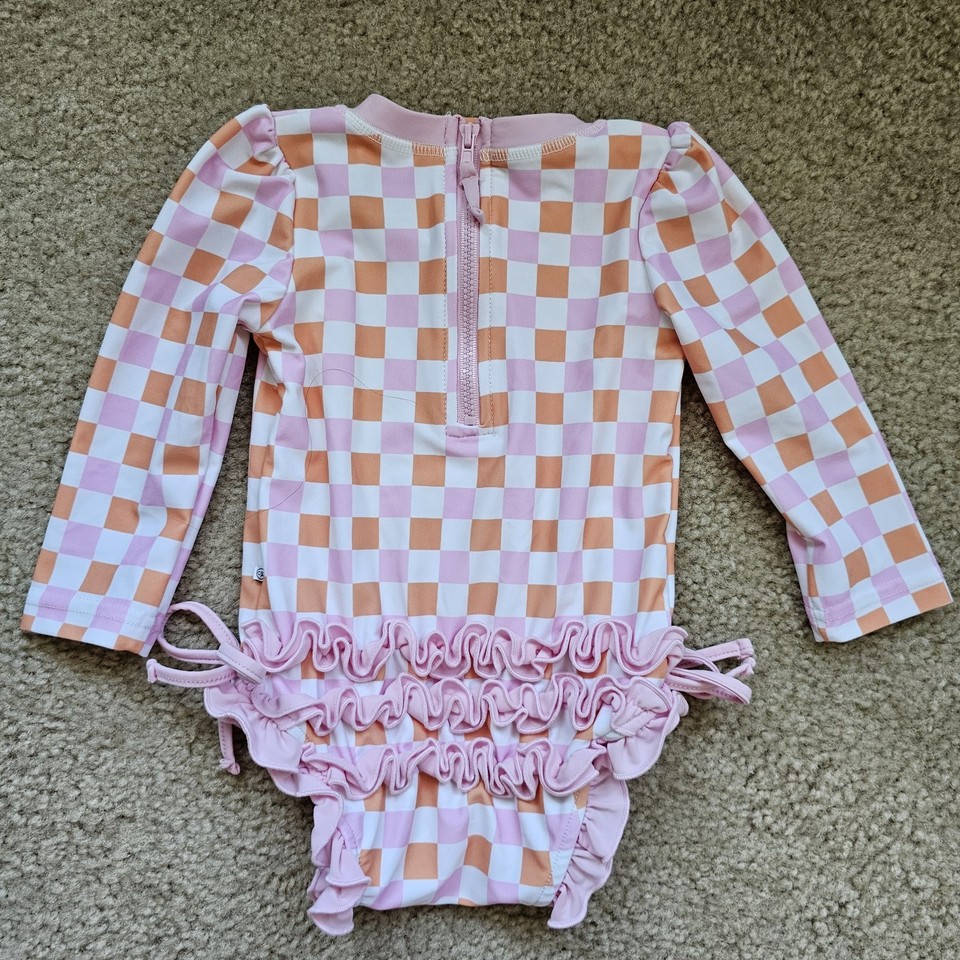 Caden Lane ruffle butt one piece swimsuit rash guard pink orange size 6 ...