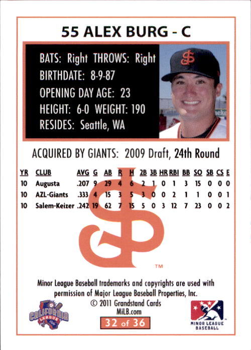 2011 San Jose Giants Grandstand 32 Alex Burg Seattle Washington WA ...