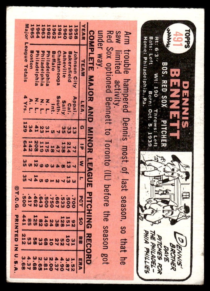 1966 Topps Dennis Bennett #491 Boston Red Sox Baseball Card | eBay