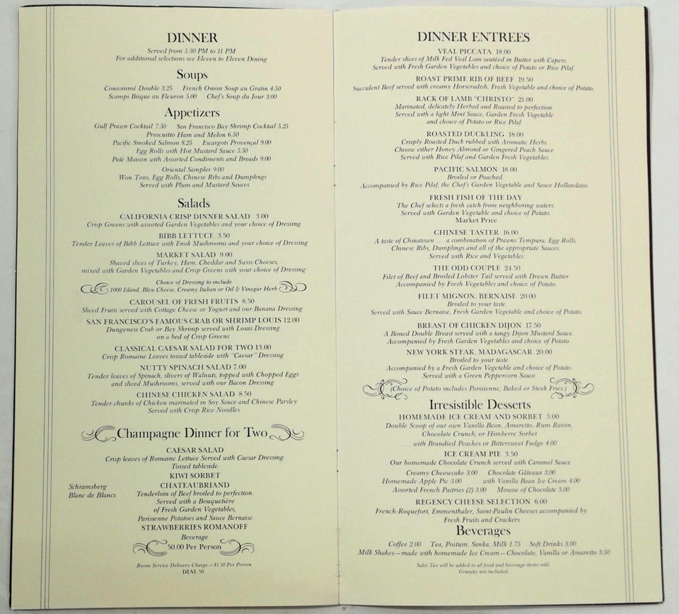 1982 Vintage Original ROOM SERVICE Menu HYATT REGENCY San Francisco Ca ...