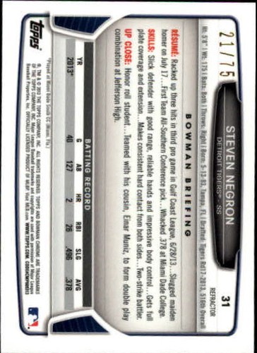 2013 Bowman Chrome Minis - Green Refractor #31 Steven Negron /75 (RC ...