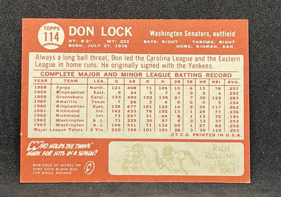 1964 Topps #114 Don Lock Washington Senators (EX-EXNM) | eBay