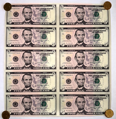 $5 Five Dollar Bills Uncut Currency Sheet of 10 Notes Leaf 2021 - $50 ...