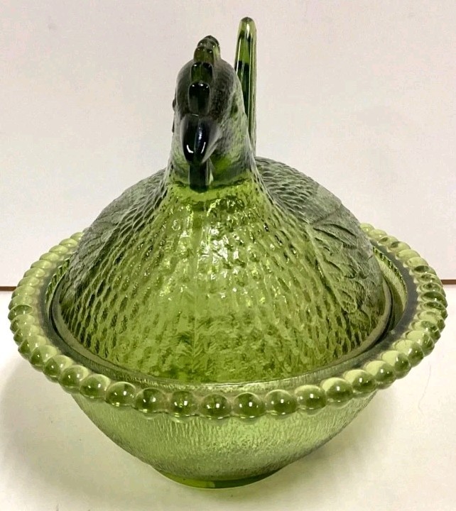 Vintage Green Hen in Nest Glass Dish Emerald Nesting Indiana Chicken | eBay
