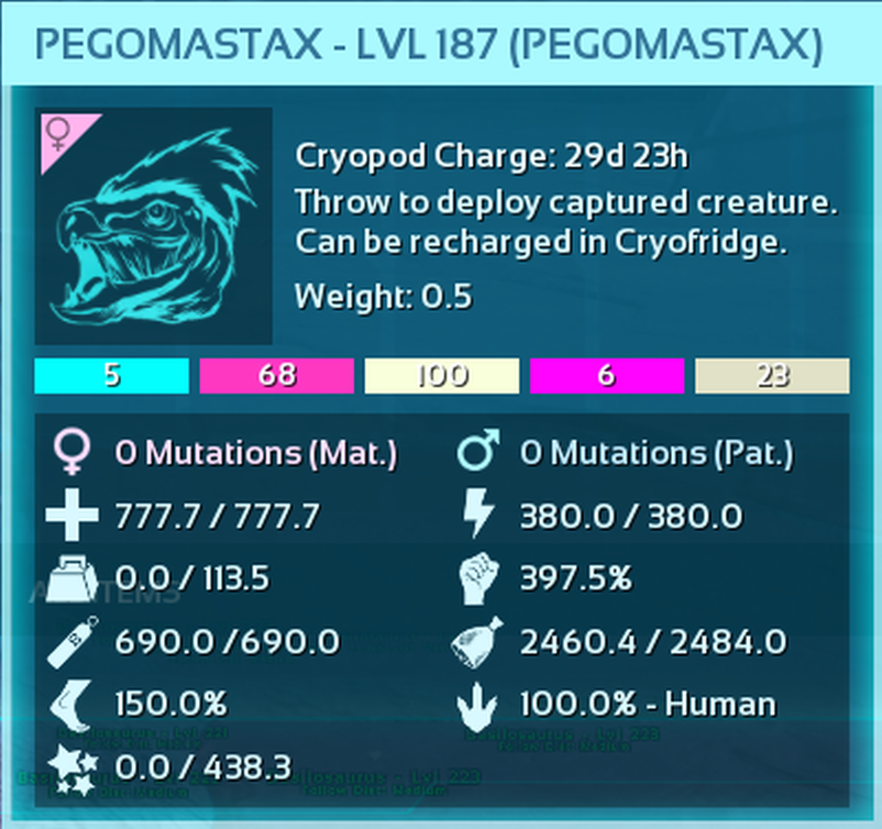 Ark Survival Asa Pegomastax Pego CC Gacha collect 100%IMP Lv187 PVE PC ...