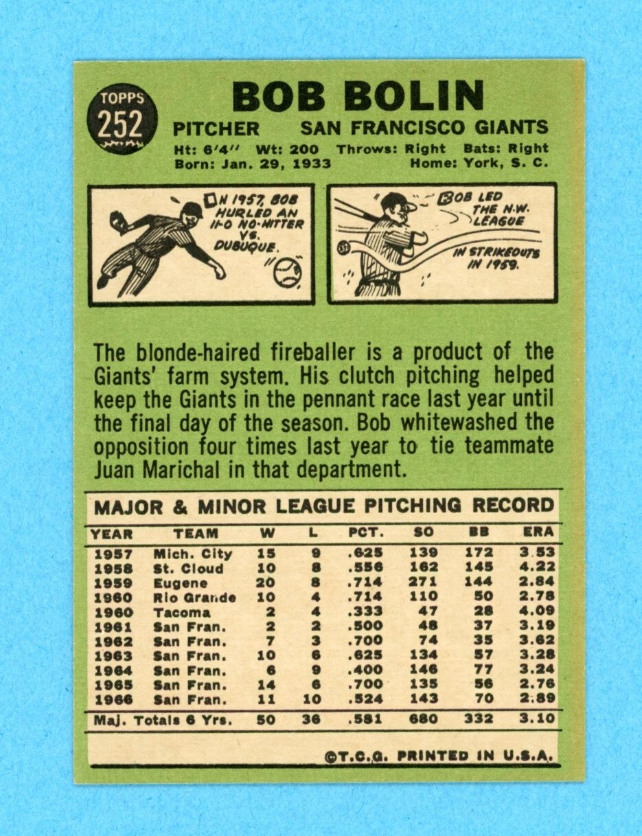 1967 Topps #252 Bob Bolin San Fra Giants White Streak Variation ...