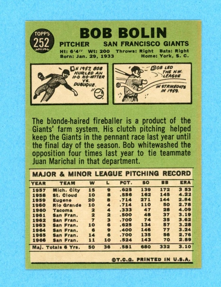 1967 Topps #252 Bob Bolin San Fra Giants White Streak Variation ...