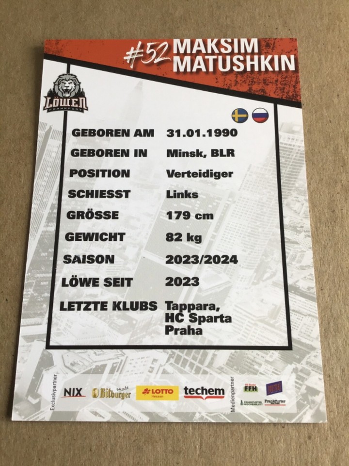 Maksim Matushkin, Russia 🇷🇺 Hockey Löwen Frankfurt 2023/24 hand signed ...