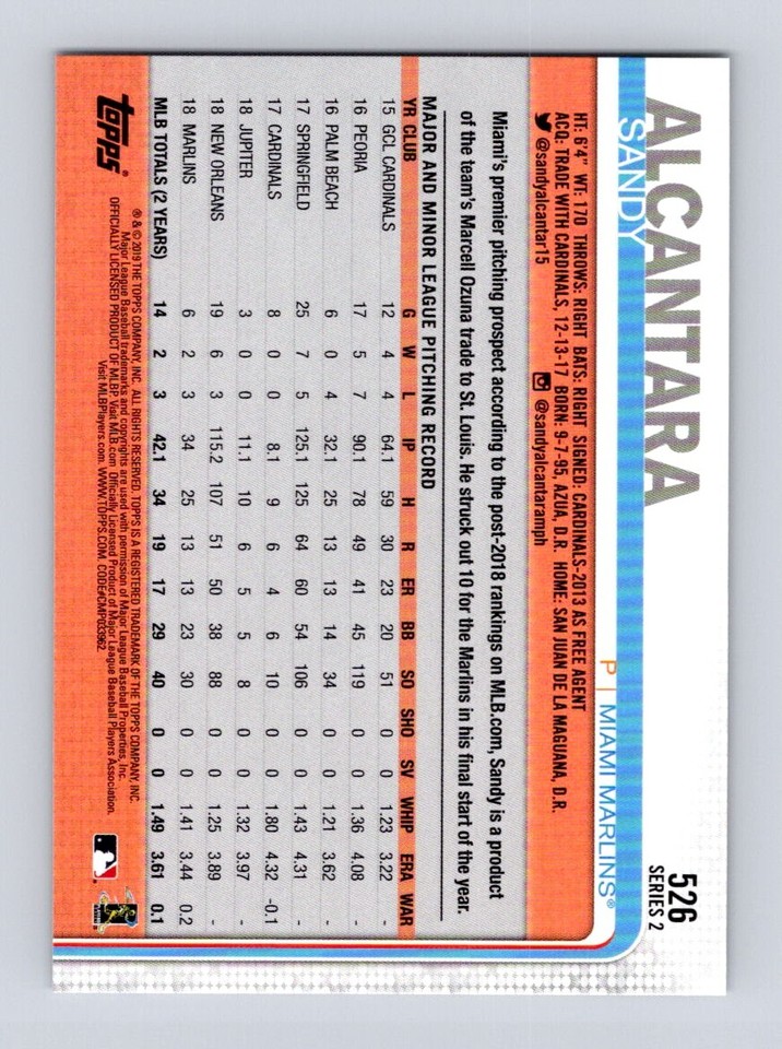 2019 Topps ASG Foil Stamp #526 Sandy Alcantara Miami Marlins | eBay