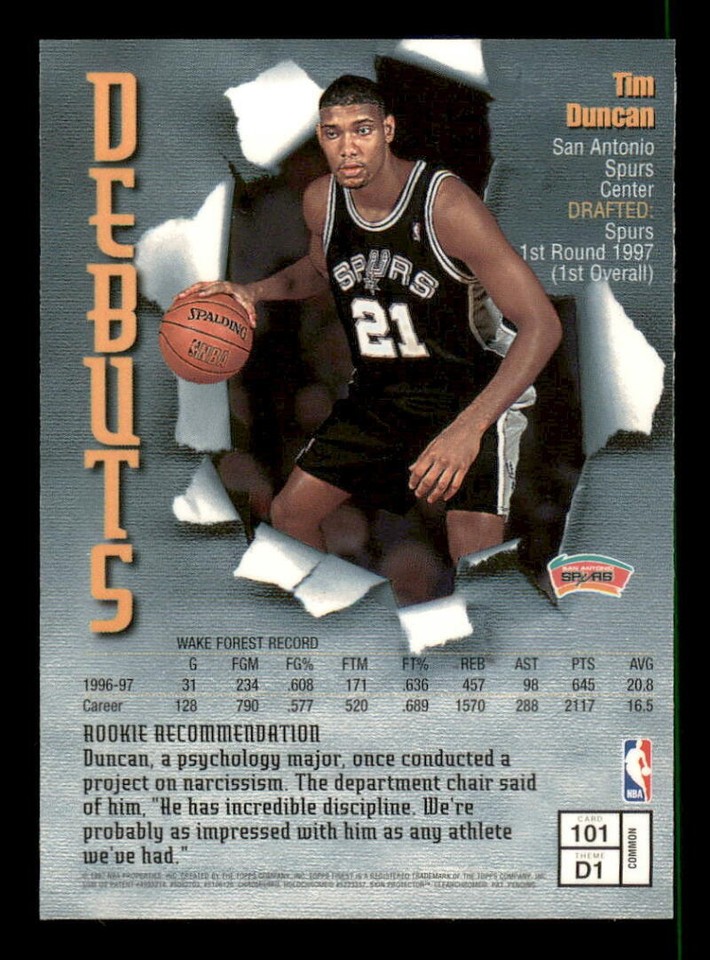 1997-98 Topps Finest #101 Tim Duncan Bronze Debuts High Grade b) RC ...