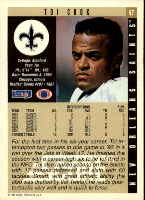 1993 Score Football Card #67 Toi Cook | eBay
