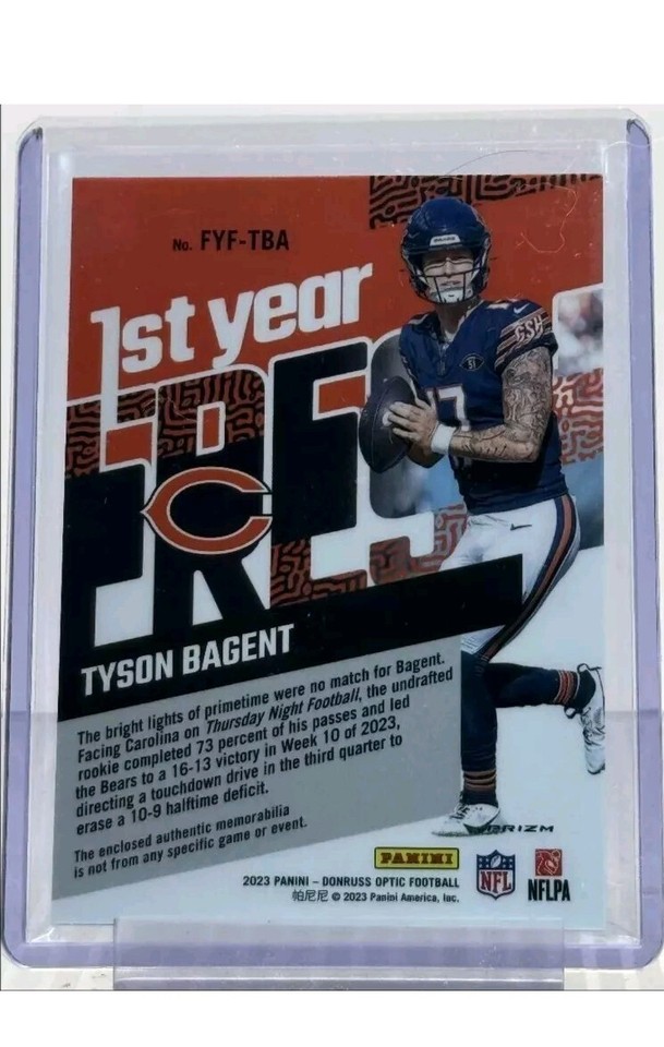 TYSON BAGENT 2023 DONRUSS OPTIC FIRST YEAR FRESH ROOKIE PATCH BLUE ...