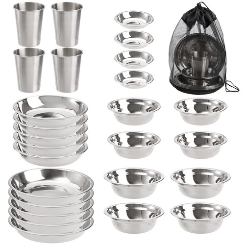 Set of 26 Stainless Steel Camping Plates and Bowls, Camping Mess Kits ...