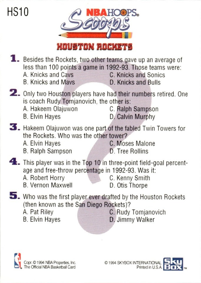 1993-94 NBA Hoops Basketball Card Hakeem Olajuwon Houston Rockets #HS10 ...