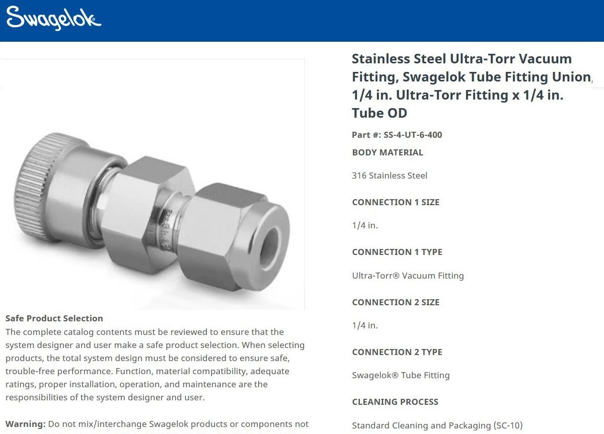 Ideal Spectroscopy Swagelok Ultra-Torr Vacuum Fitting, 1/4, 59% OFF