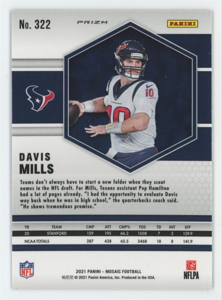 2021 Panini Mosaic Orange Reactive Davis Mills RC #2 Houston Texans ...