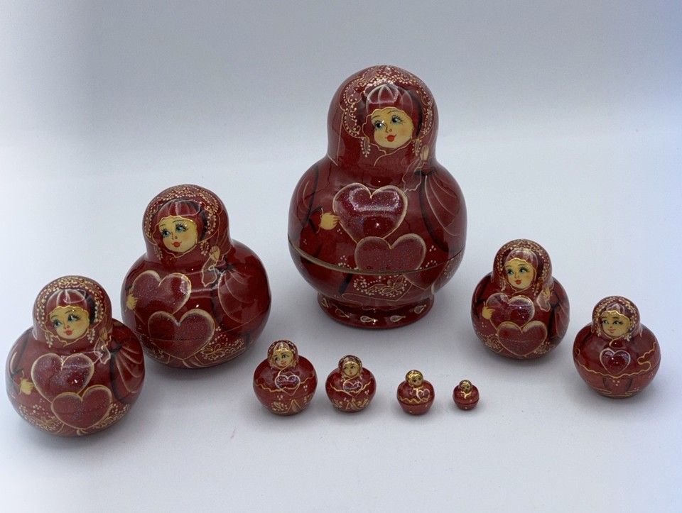 VTG Matryoshka Russian Wood Hand Painted Nesting Dolls Set Of 9 Red ...