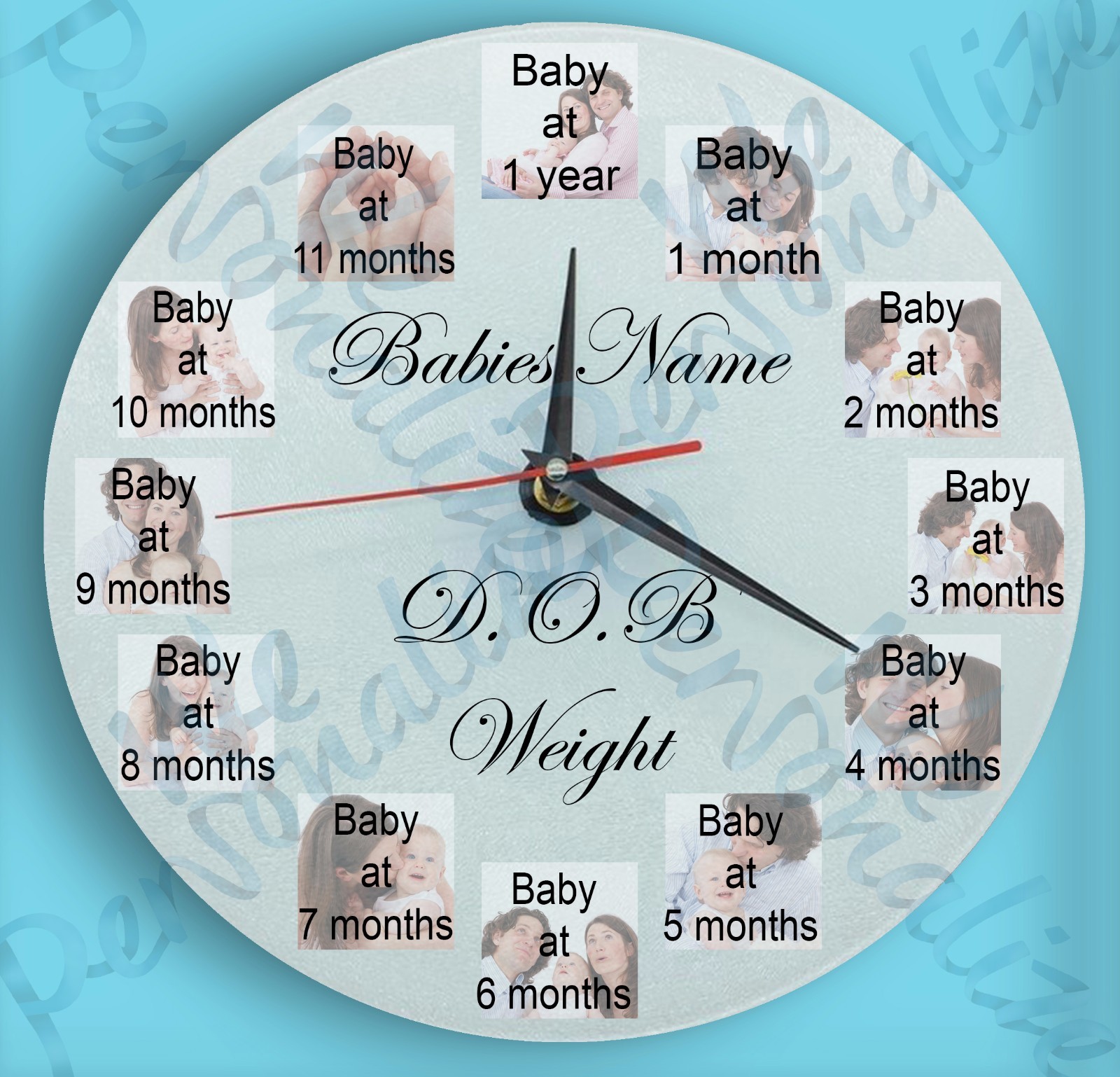 Personalised wall glass clock with 12 photos text birthday Wedding Gift ...