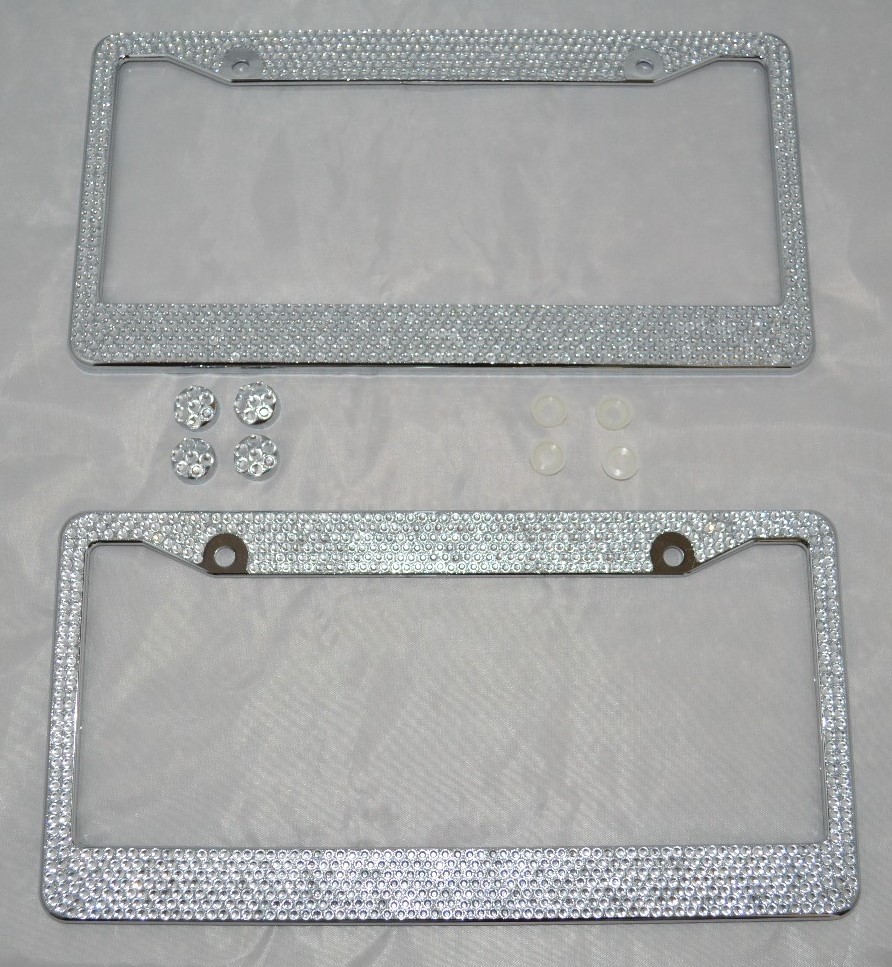 2 All White Silver Bling Glitter Crystal RhineStone License Plate Frame ...