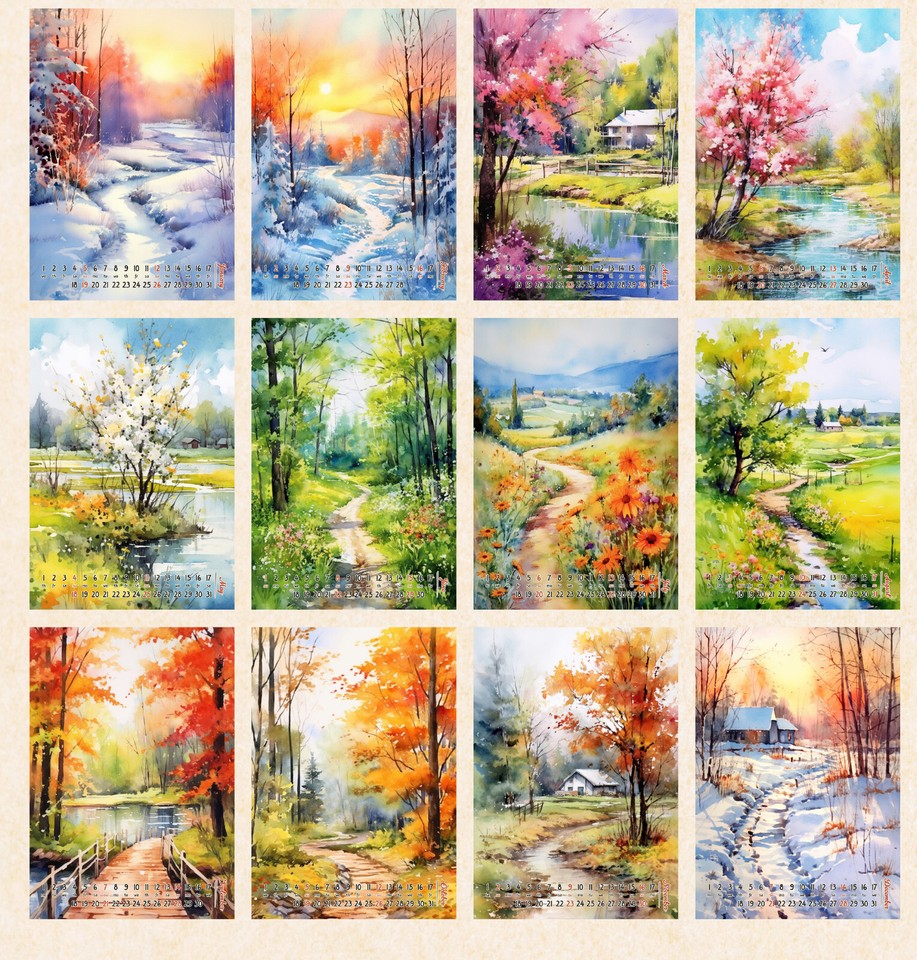 2025 Wall Calendar (12pg) Country Paths in Peaceful Seasons Vintage ...