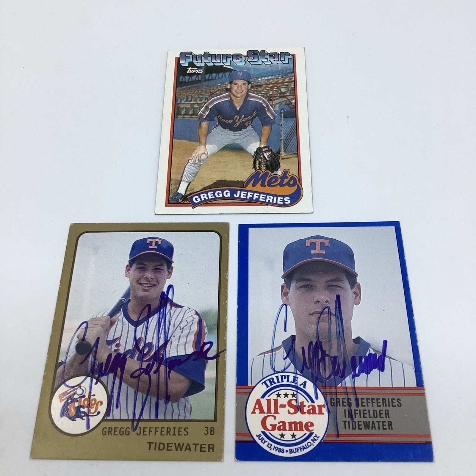 1989 TOPPS # 233 GREGG JEFFERIES RC & 2 Tidewater Tides Signed Cards ...