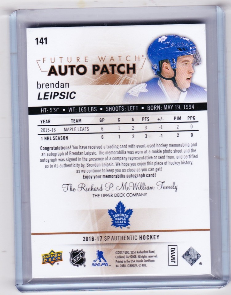 16-17 2016-17 SP AUTHENTIC BRENDAN LEIPSIC FUTURE WATCH PATCH AUTO RC ...