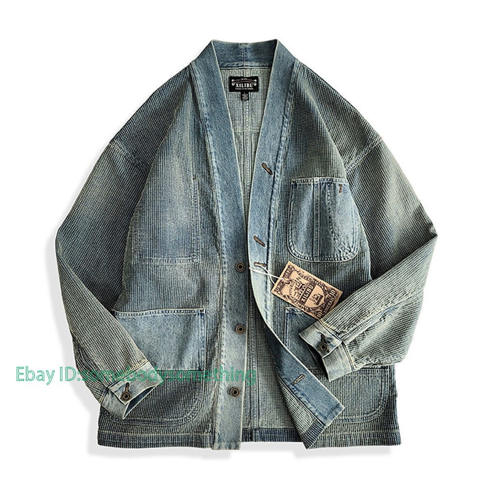 Indigo Dyeing Denim Jacket Sashiko Taoist Robe Coat Vintage Casual Work ...