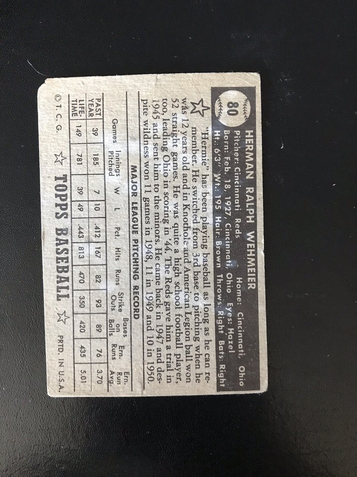 1952 TOPPS #80 HERMAN WEHMEIER CIN REDS— GRAY BACK VAR💥*** (wph) | eBay