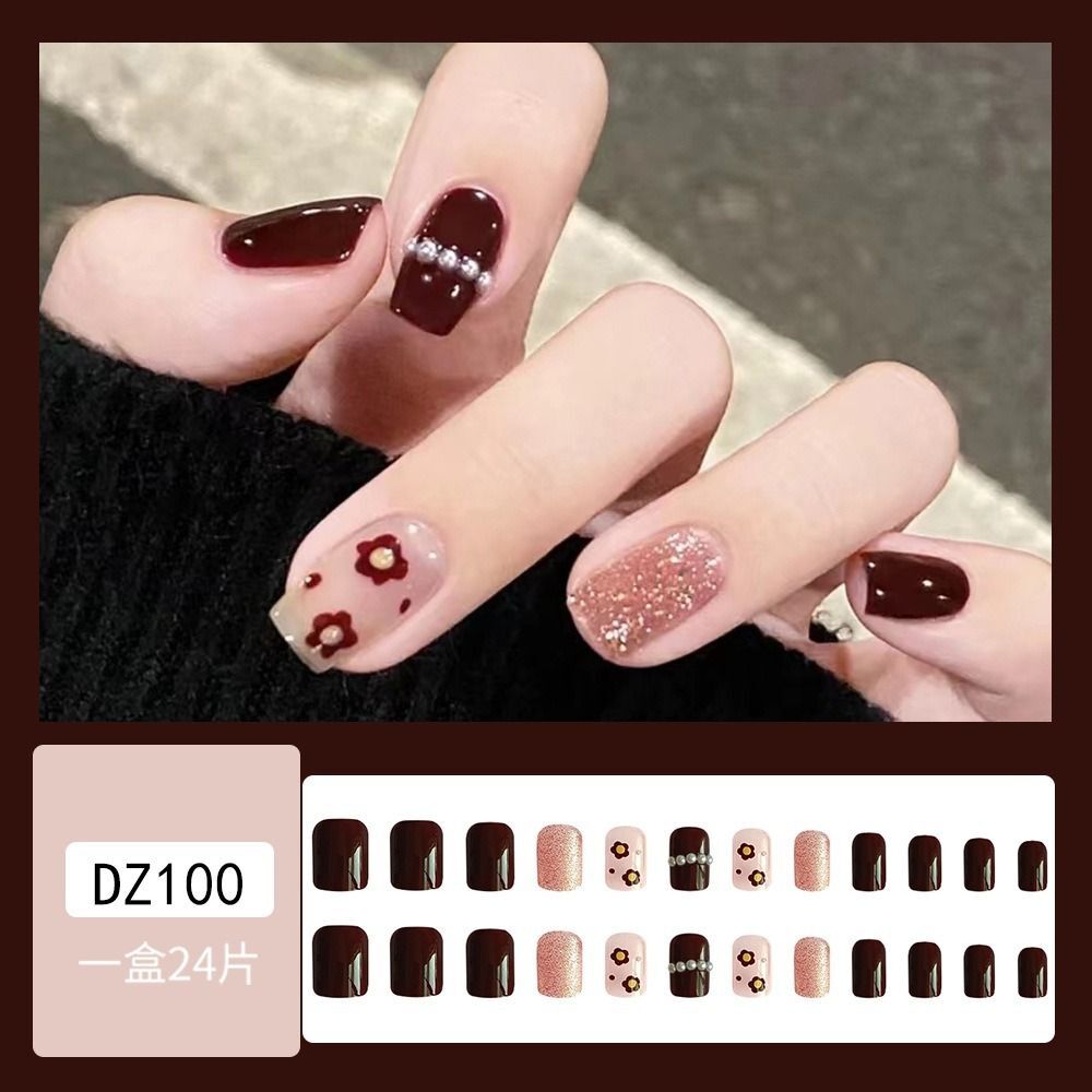 on Nails Fake Nials Wine Red LongBallerina French Glitter Blue False ...