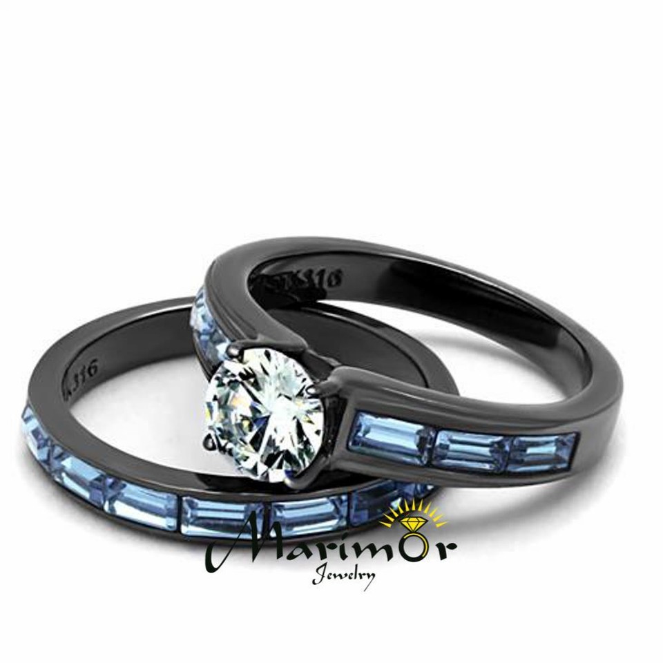 2.85Ct Clear & Sea Blue Cz Gray Stainless Steel Wedding Ring Set Women ...