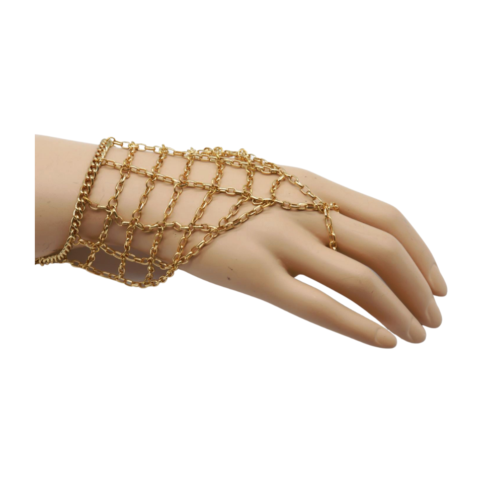 Women Gold Metal Hand Chain Bracelet Web Net Ring Wedding Bride Bridal ...