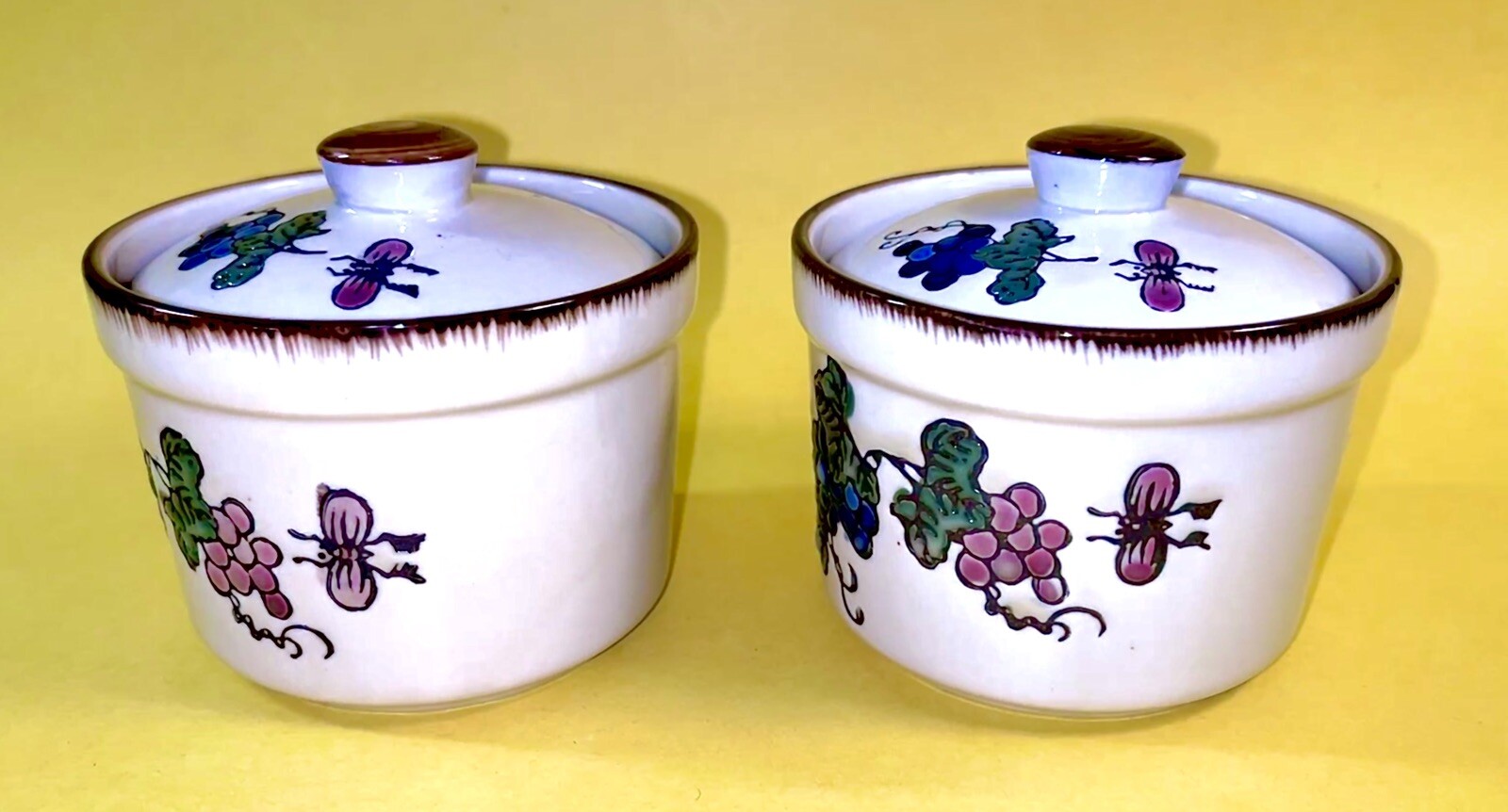 Set of 2 Vintage Mini Stoneware Crock with Lid Grape Vine & Bee Design ...