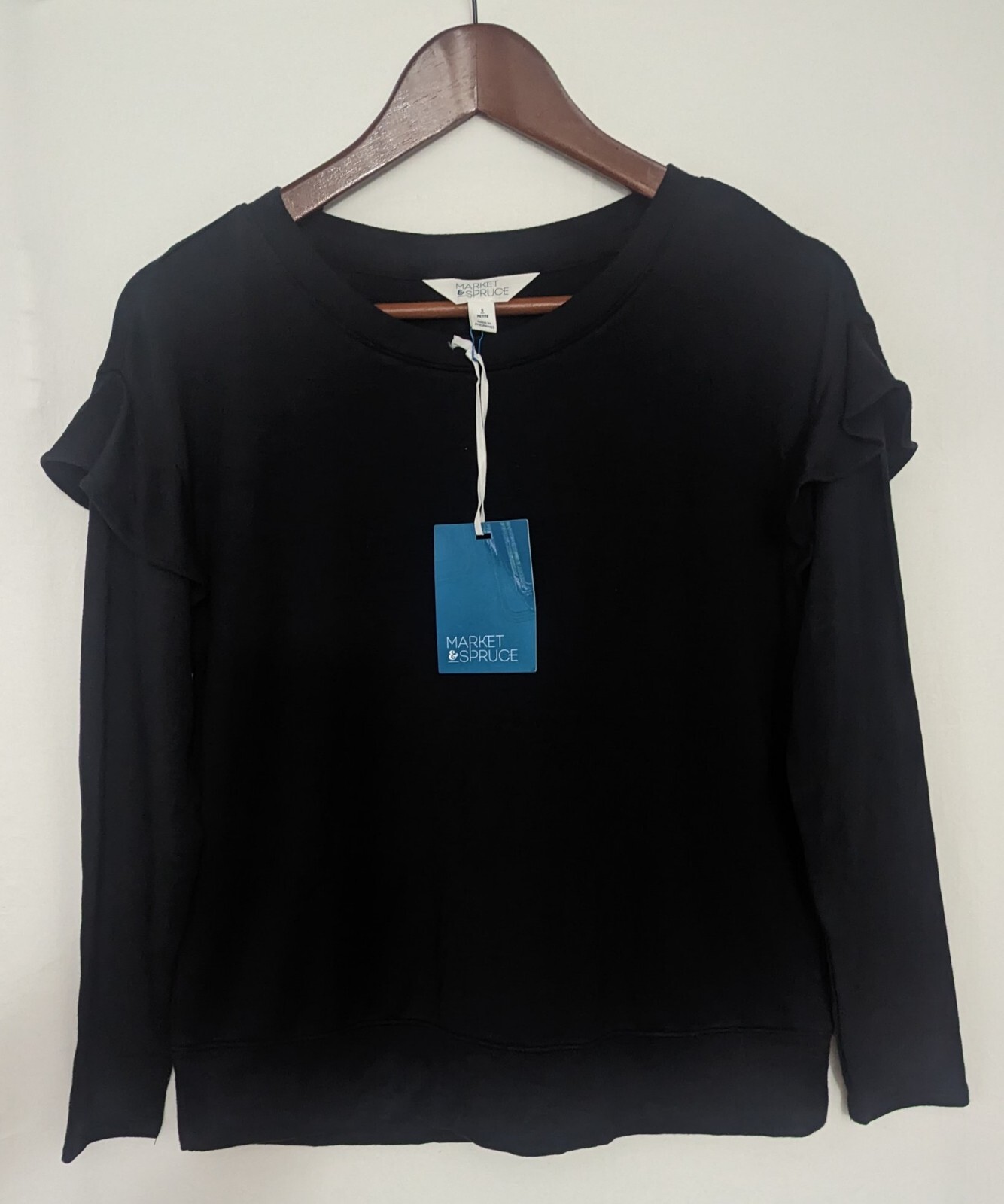 Market Spruce Top Black Women's Crewneck Ruffles Long Sleeves Size PS ...