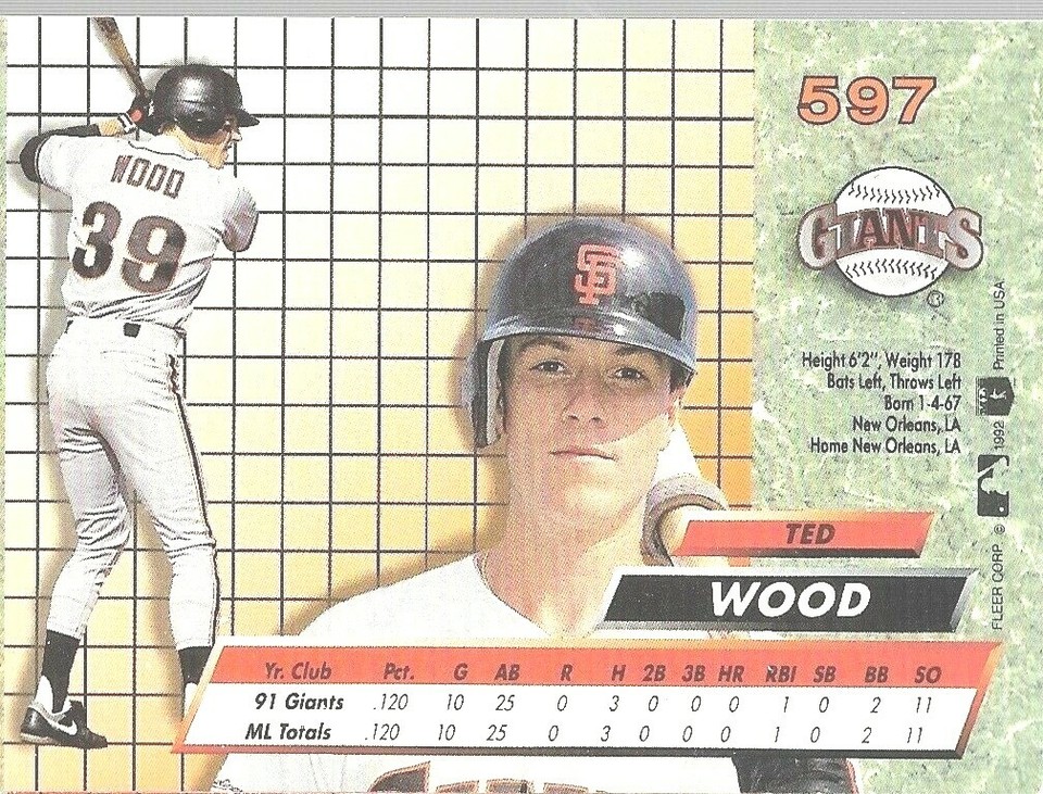1992 Fleer Ultra Rookie Ted Wood 597 San Francisco Giants Baseball Card ...