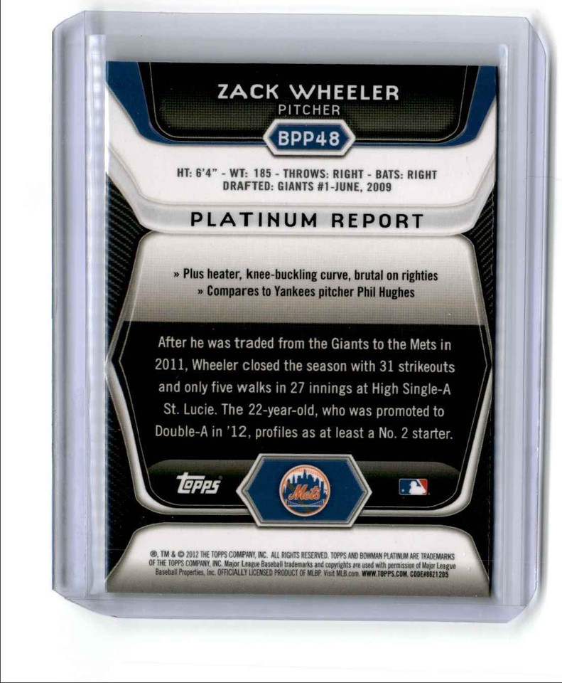 2012 Bowman Platinum Prospects Purple Zack Wheeler New York Mets #BPP48 ...