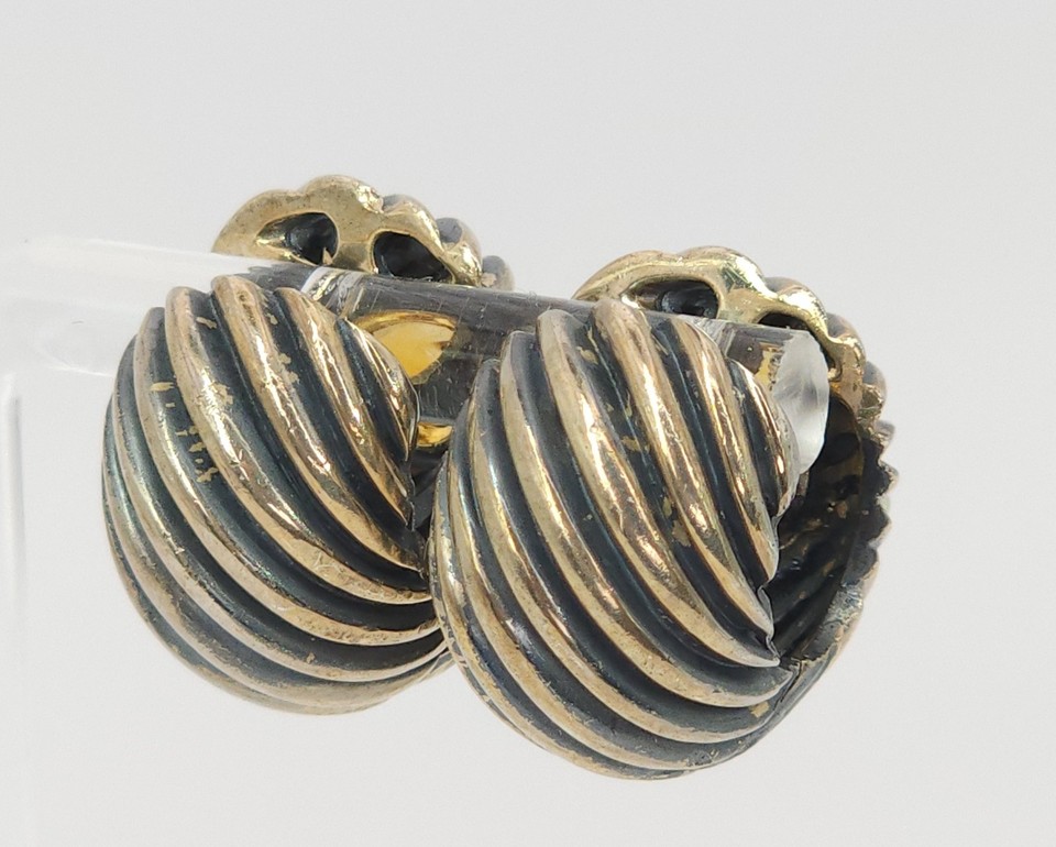 14K GOLD 925 Sterling Silver Hinged Post Earrings Yellow Orange Oval ...