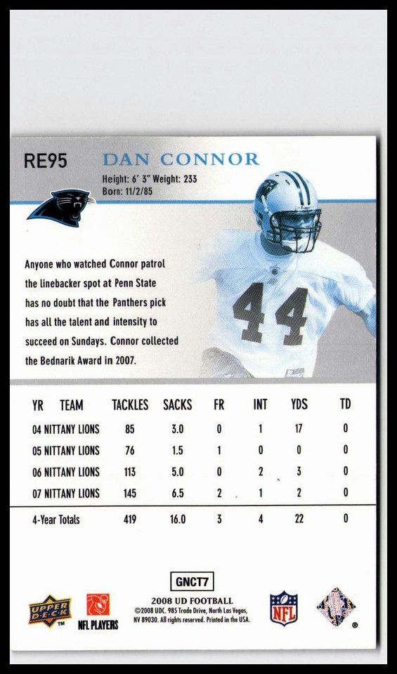 2008 Upper Deck Rookie Exclusives #RE95 Dan Connor Carolina Panthers | eBay