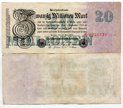 Old German 20 Million Mark Reichsbank Note Inflation Money 1923 in VF ...