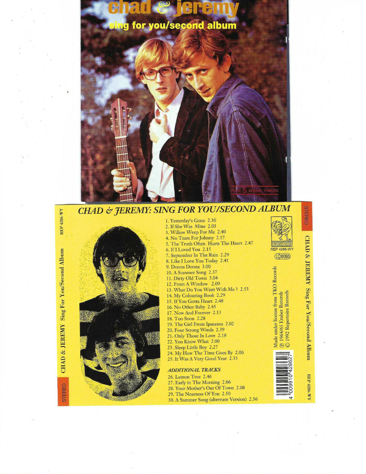 CHAD & JEREMY - SING FOR YOU / SECOND ALBUM (CD 2004) **5 BONUS TRACKS ...